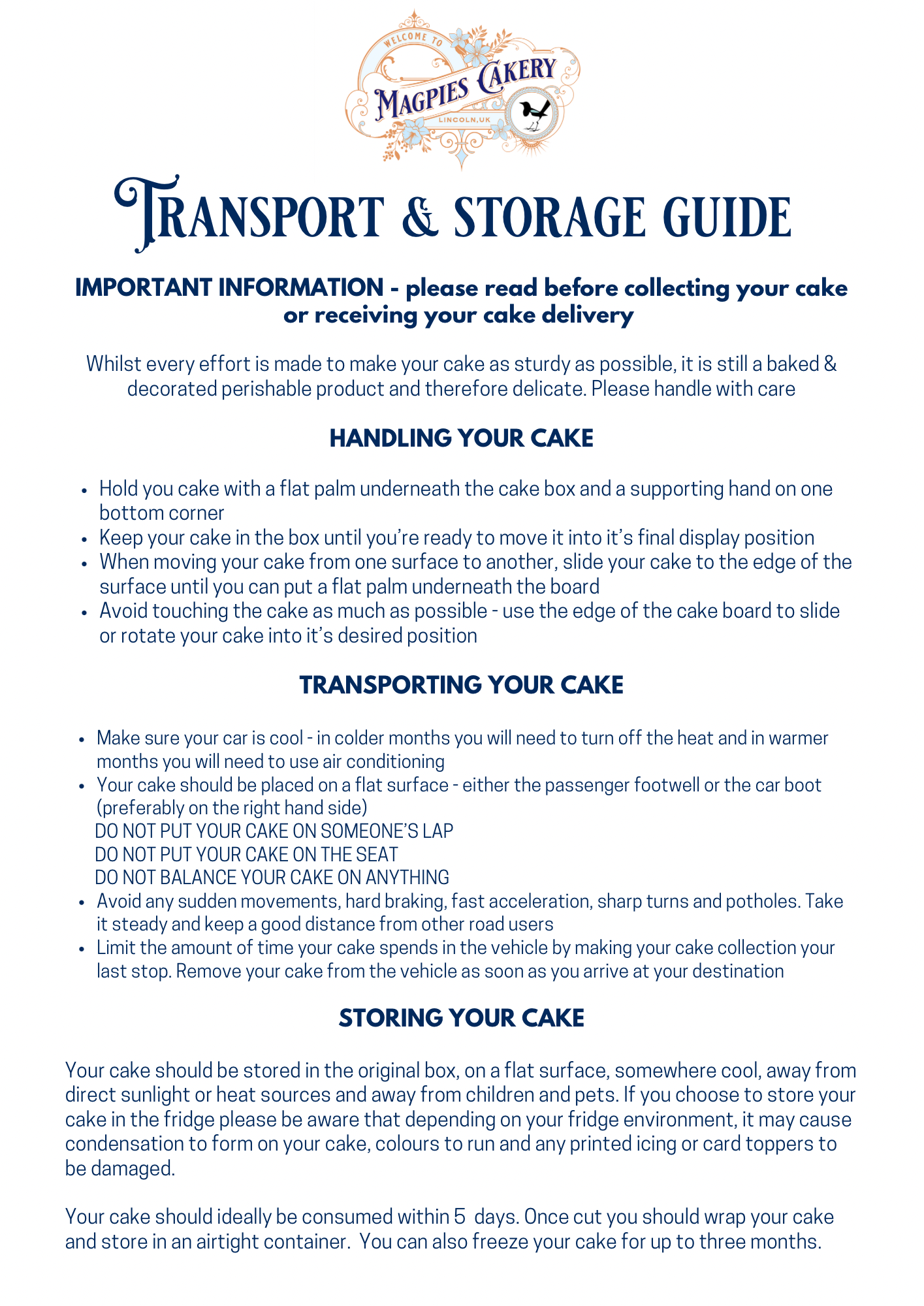Transporting & storing your cake guide – Magpies Cakery